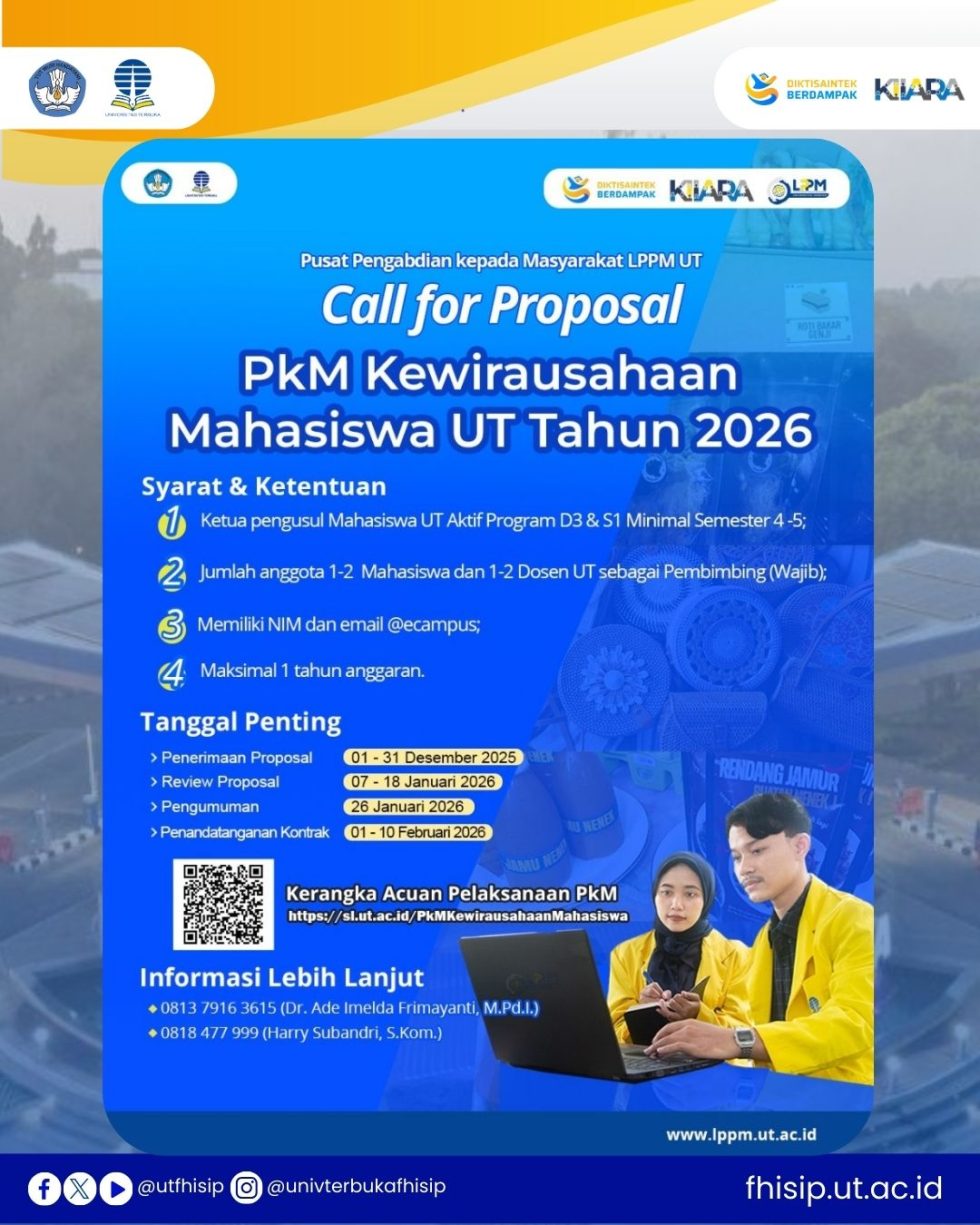 Call for Proposal PkM Kewirausahaan Mahasiswa UT 2026 | FHISIP ...